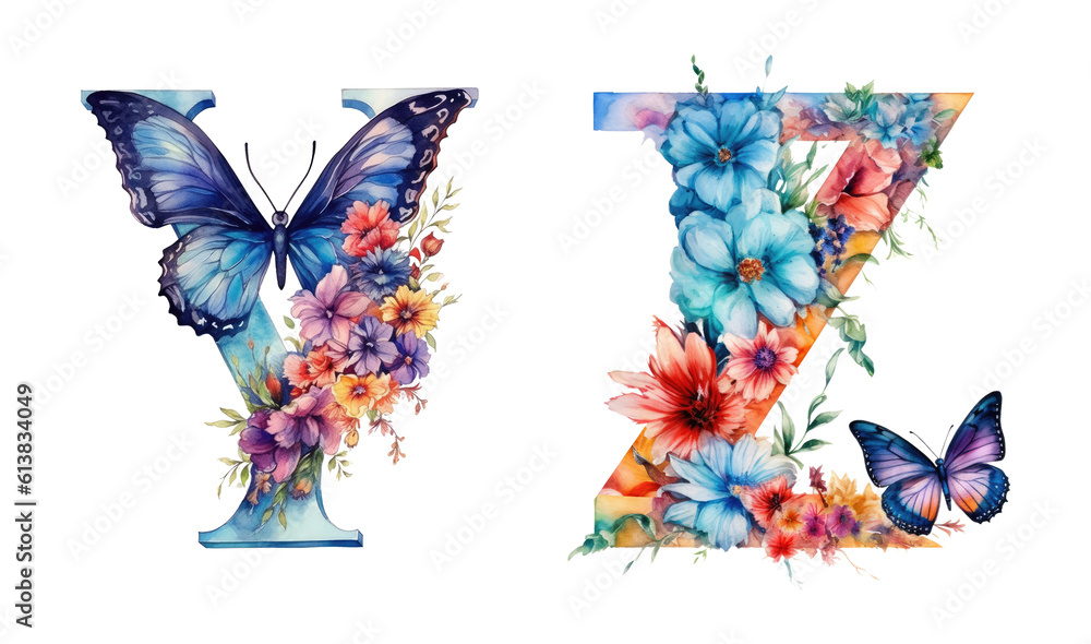Floral Alphabet With Butterfly Watercolor Clipart 04. Generative AI ...