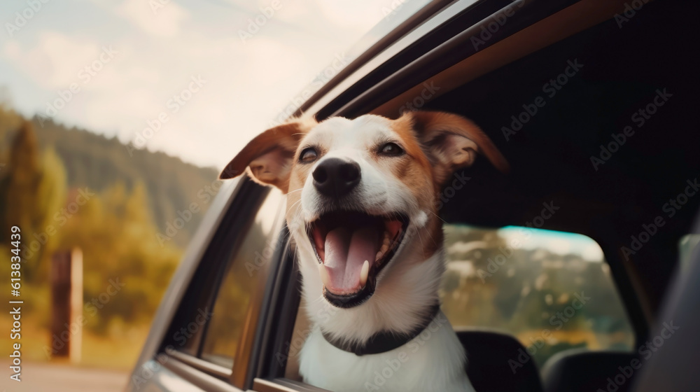 Adorable white fluffy dog puppy looking out the car window Stock ...