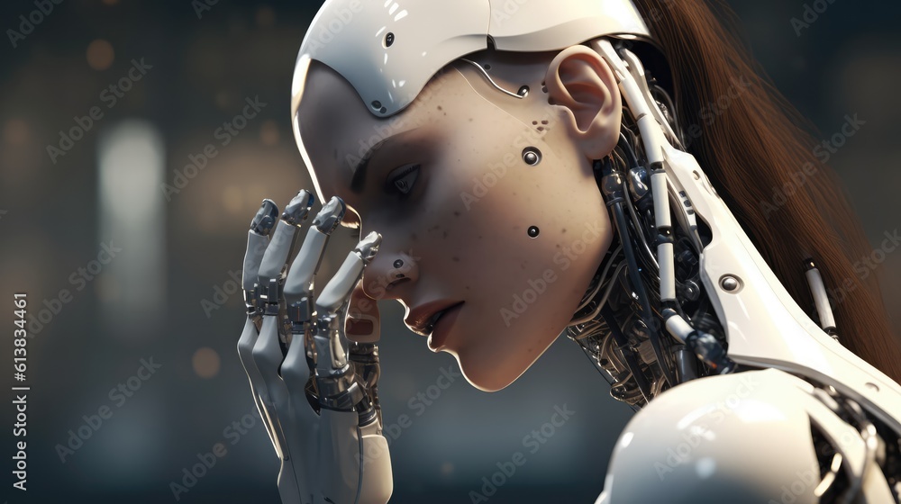 A humanoid robot reveals a stressed-out tense posture and facial ...