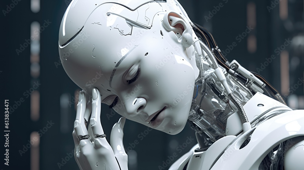 A humanoid robot reveals a stressed-out tense posture and facial ...