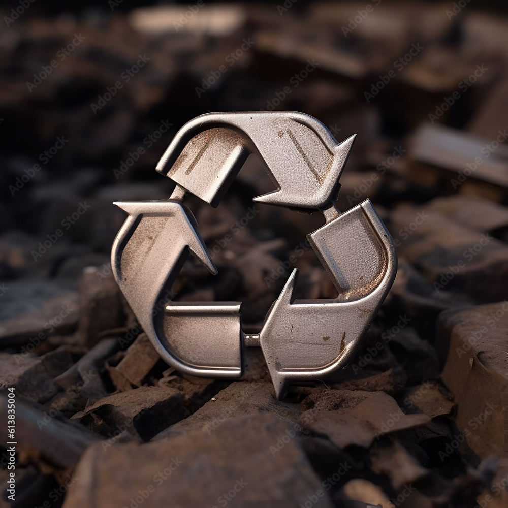 Waste recycling symbol made of metal in silver color on a background of ...
