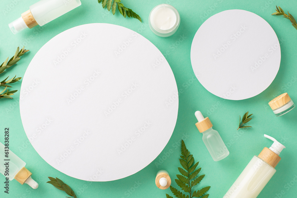 Healthy skincare cosmetics concept. Above view photo of two empty ...