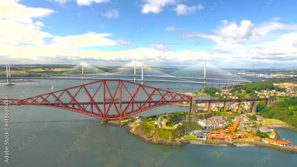 The drone aerial footage of the Forth Bridge, Scotland. The world's ...