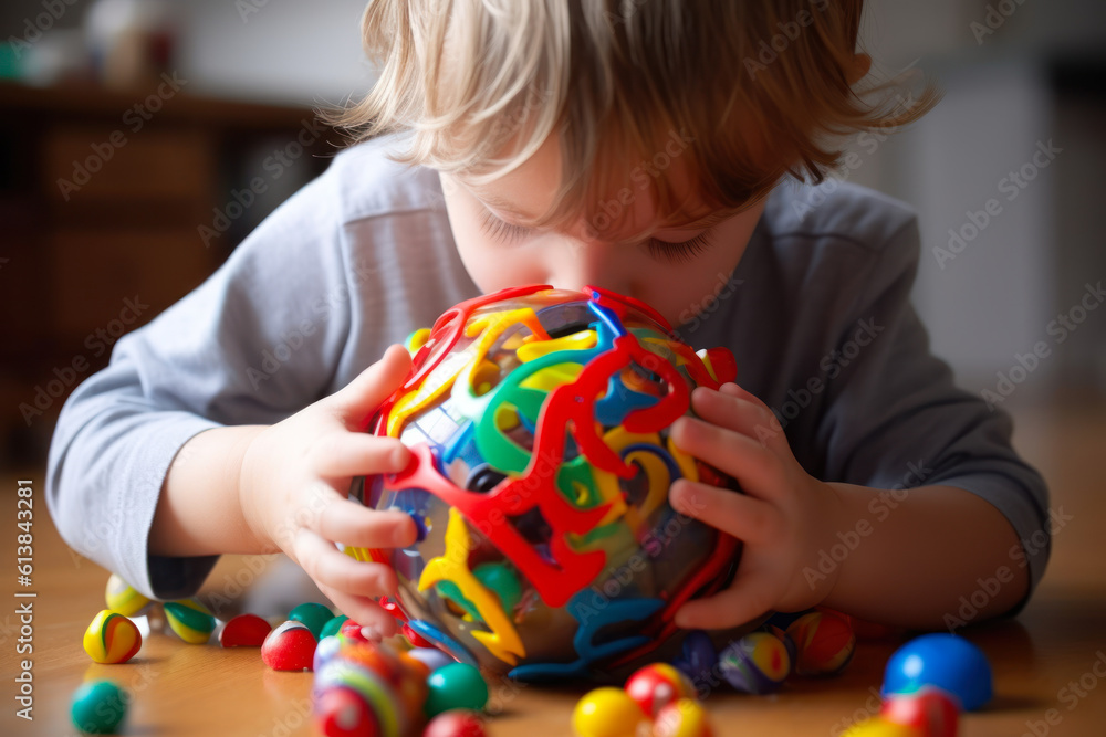 close-up of the hands of a child playing with multi-colored sensory ...