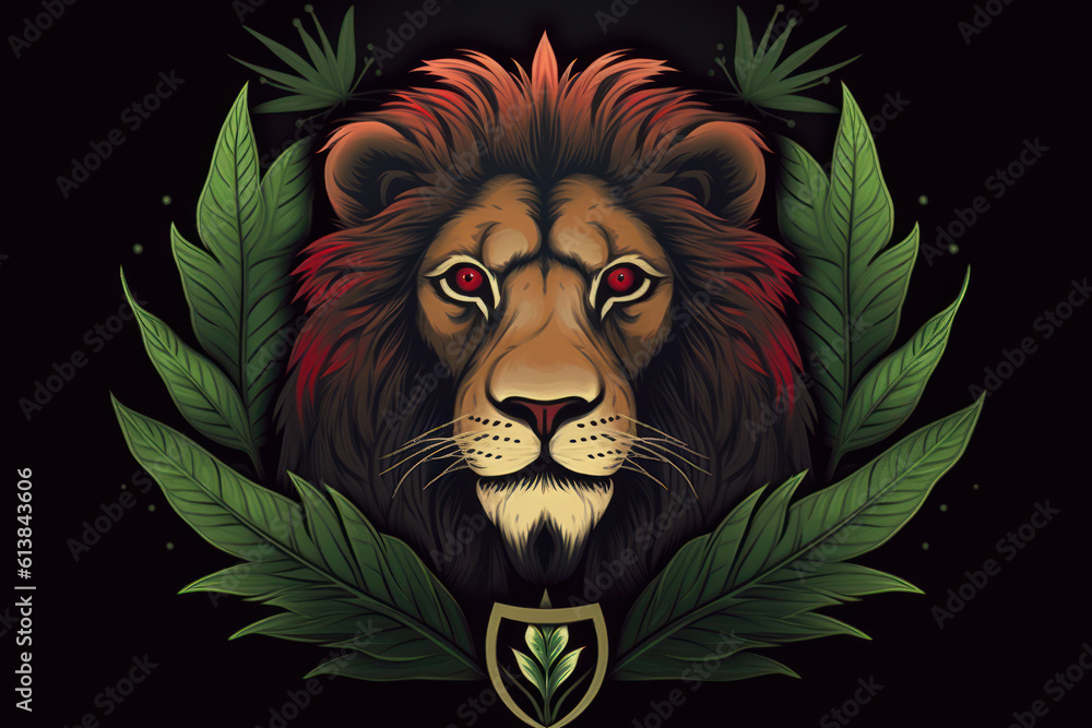 logo head of a lion in cannabis leaves on a dark background, marijuana ...