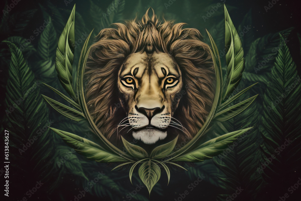 logo head of a lion in cannabis leaves on a dark background, marijuana ...