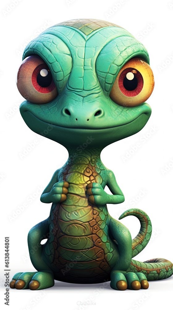 a cartoon character with big eyes and a green lizard like body ...