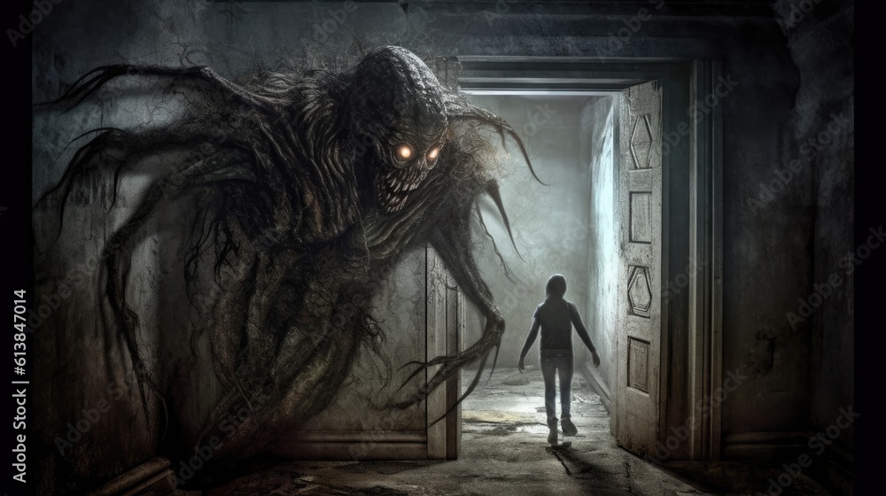 Monstrous creature crawling out of dark woods and swamps. Fear, horror ...