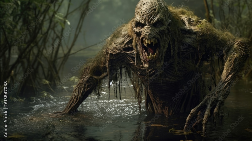 Monstrous creature crawling out of dark woods and swamps. Fear, horror ...