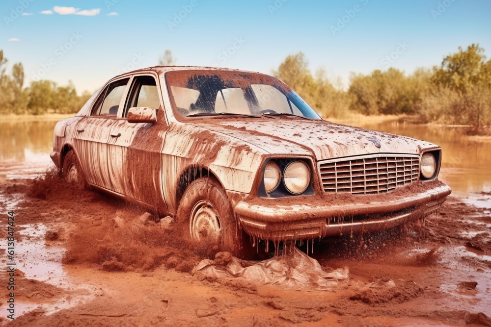Very dirty old broken and rusty country car at blurred slippery road ...