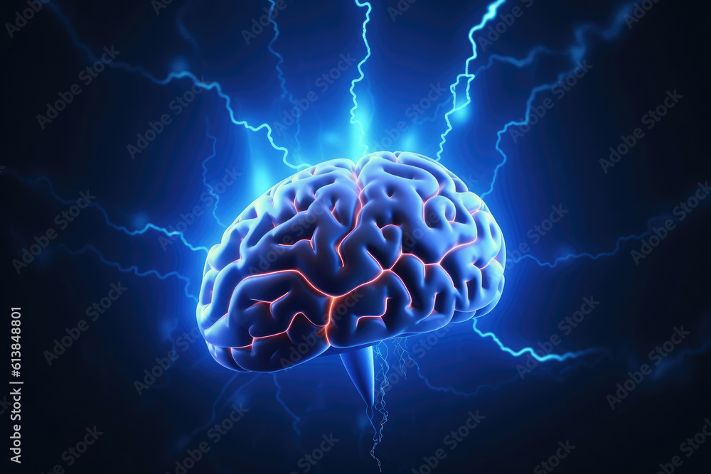 Human brain digital illustration.Flashes and lightning, electrical ...