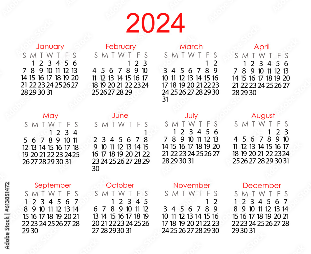 Calendar template for the year 2024 in simple minimalist style, week ...