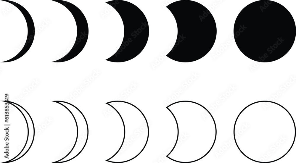 Moon phases astronomy icon set isolated on the white background in two ...