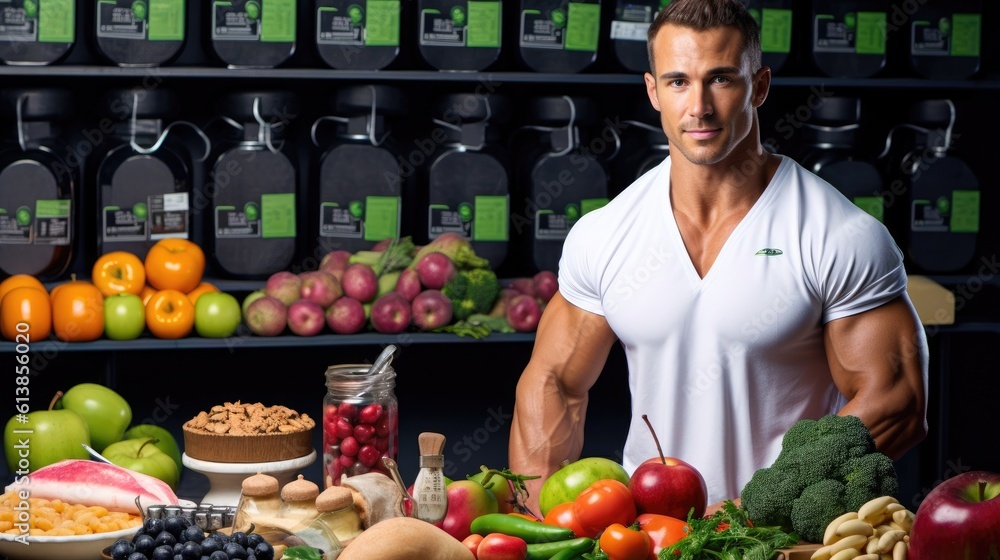 Muscular man in a healthy food environment with fruits and vegetables ...