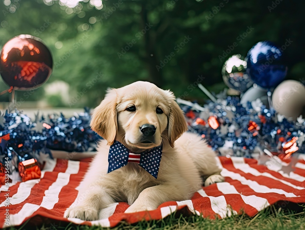 Adorable golden retriever puppy relaxing on blanket during 4th of July ...