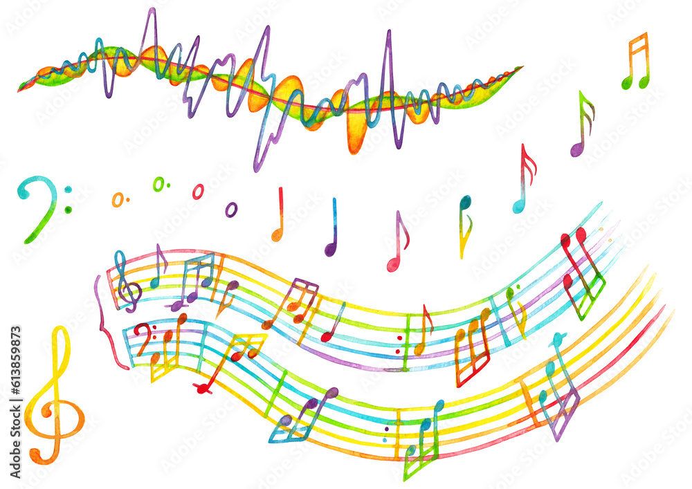 Watercolor isolated color drawing of a treble clef, bass clef, notes ...