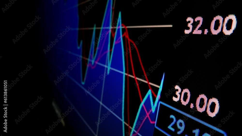 Closeup macro shot movement of stock graph displayed on LED screen ...