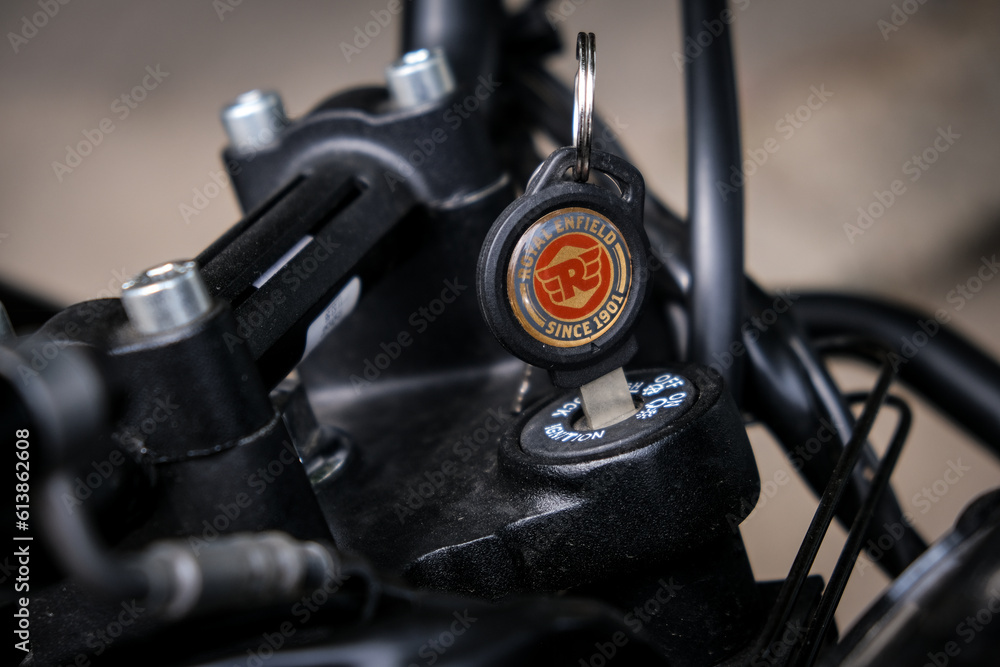BUCHAREST, ROMANIA - MAY 31,2023: Royal Enfield motorcycle key with ...