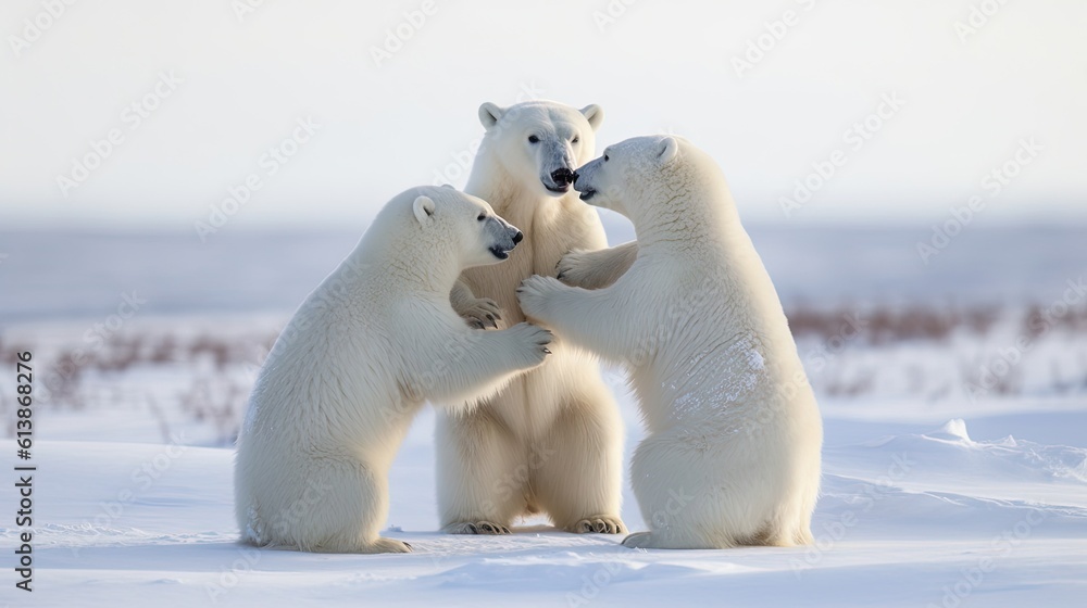 three polar bears are standing in the snow and touching noses ...