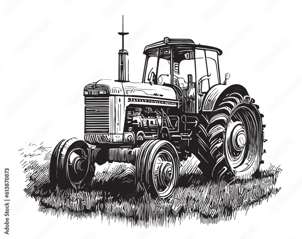 Poster Vintage tractor hand drawn sketch in doodle style illustration ...