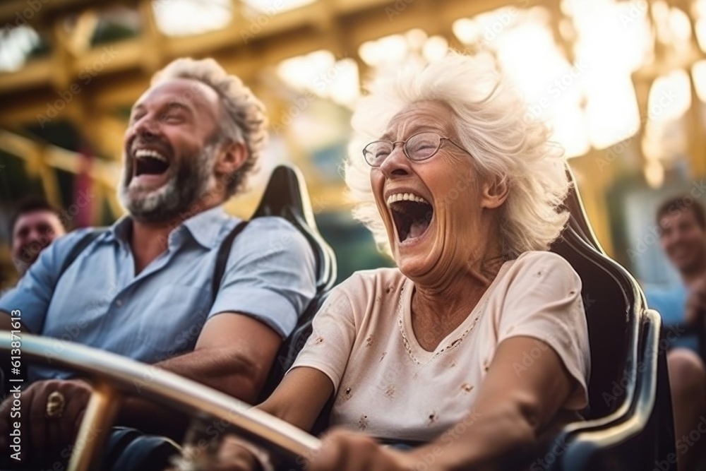 60 year old women and man speeding down a roller coaster Stock Photo ...