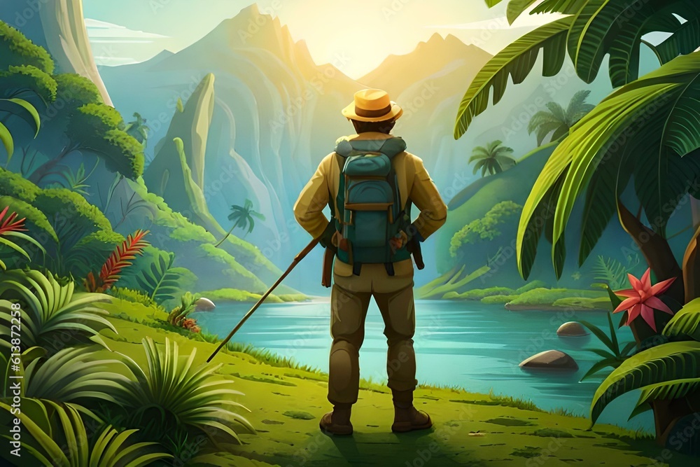 a cartoon image of an adventurous explorer trekking through a jungle ...