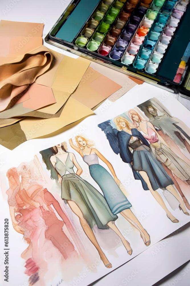 Generative AI illustration from above of various fashion dresses ...