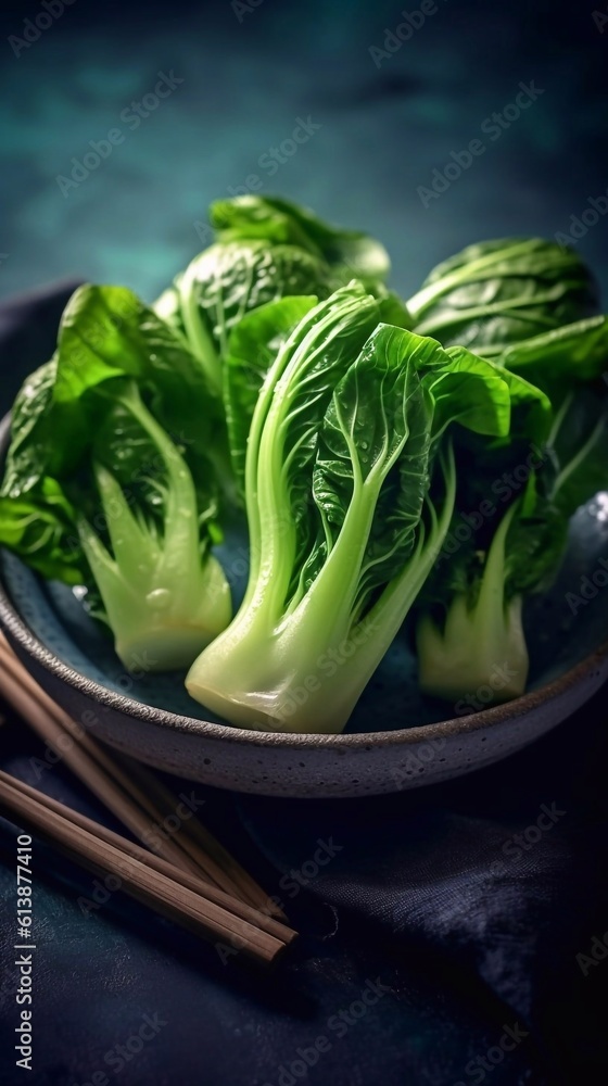 Fresh green Bok Choy or Pak Choi(Chinese cabbage) in plate on dark ...
