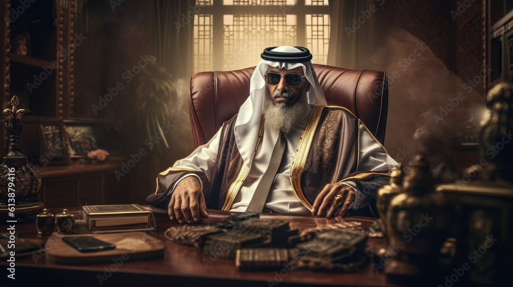 Portrait of a confident Arab businessman, wearing traditional attire ...