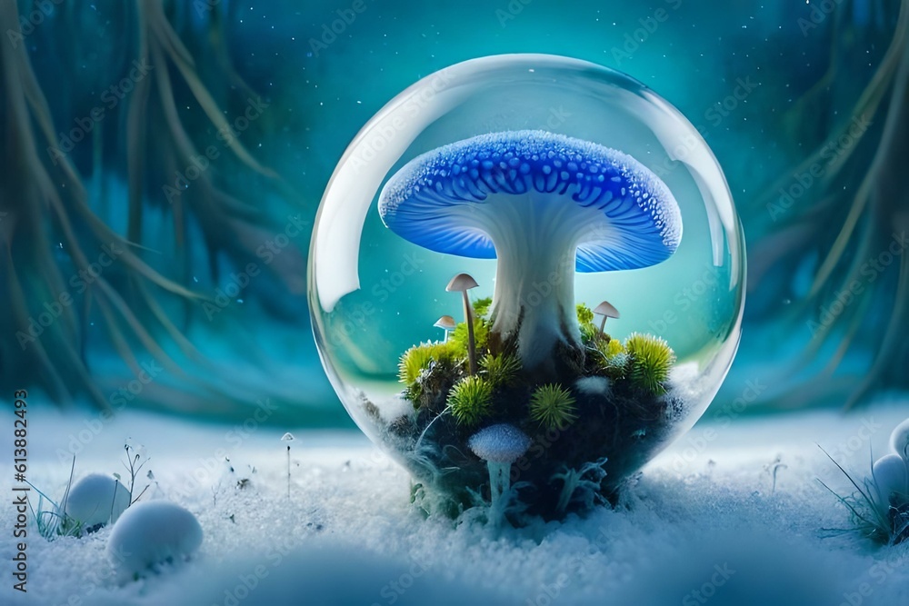 an alien orchid in glass sphere, blue mushrooms with cilia, enchanted ...