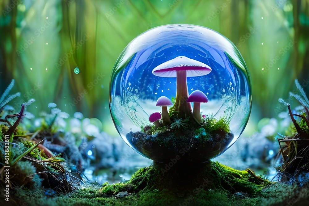 an alien orchid in glass sphere, blue mushrooms with cilia, enchanted ...