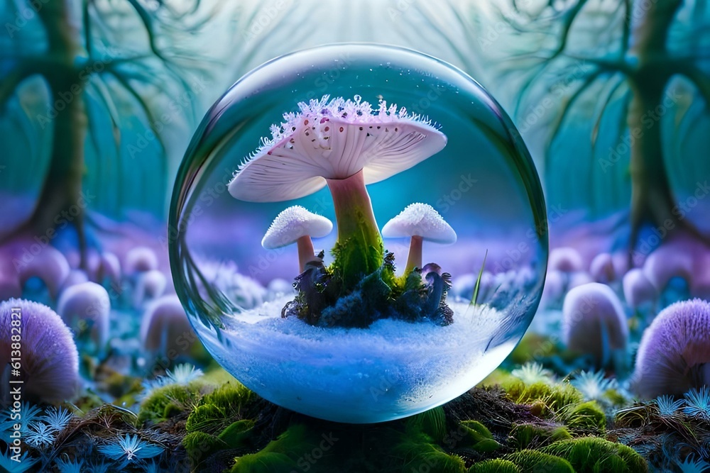 an alien orchid in glass sphere, blue mushrooms with cilia, enchanted ...