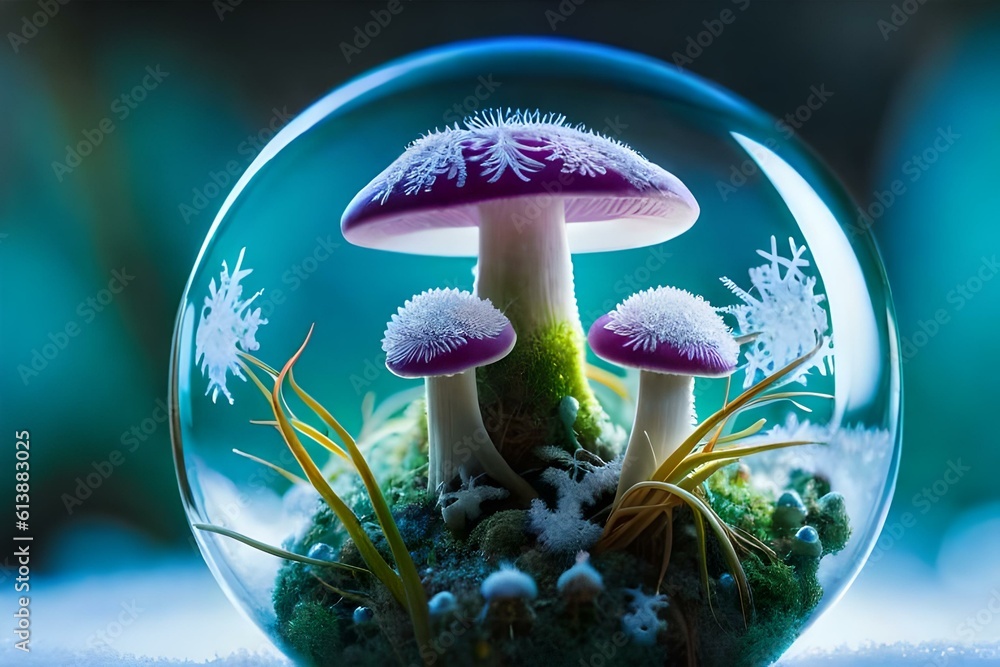 an alien orchid in glass sphere, blue mushrooms with cilia, enchanted ...