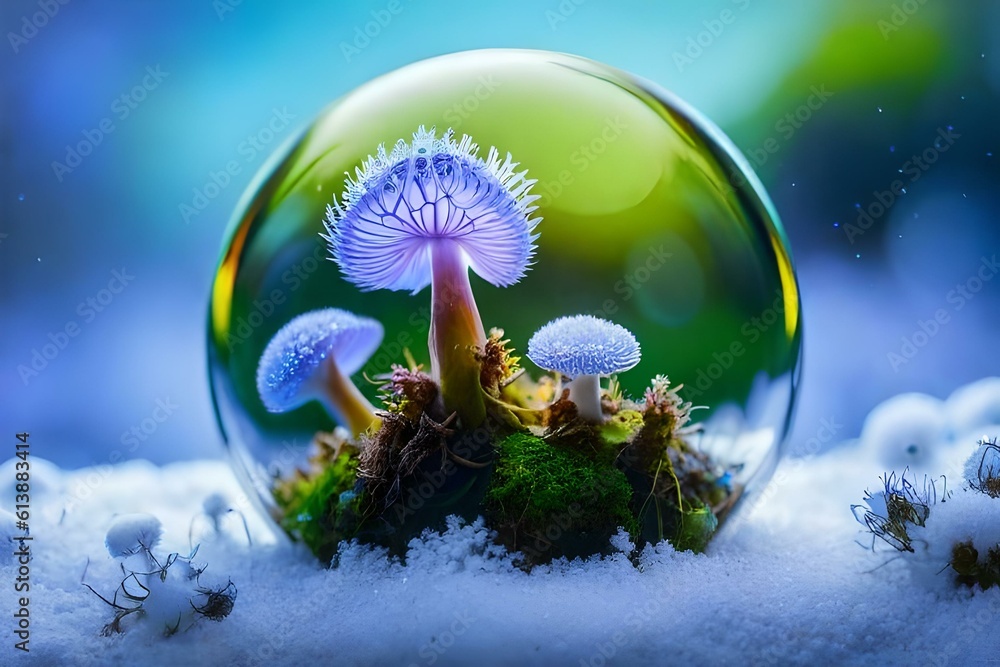 an alien orchid in glass sphere, blue mushrooms with cilia, enchanted ...