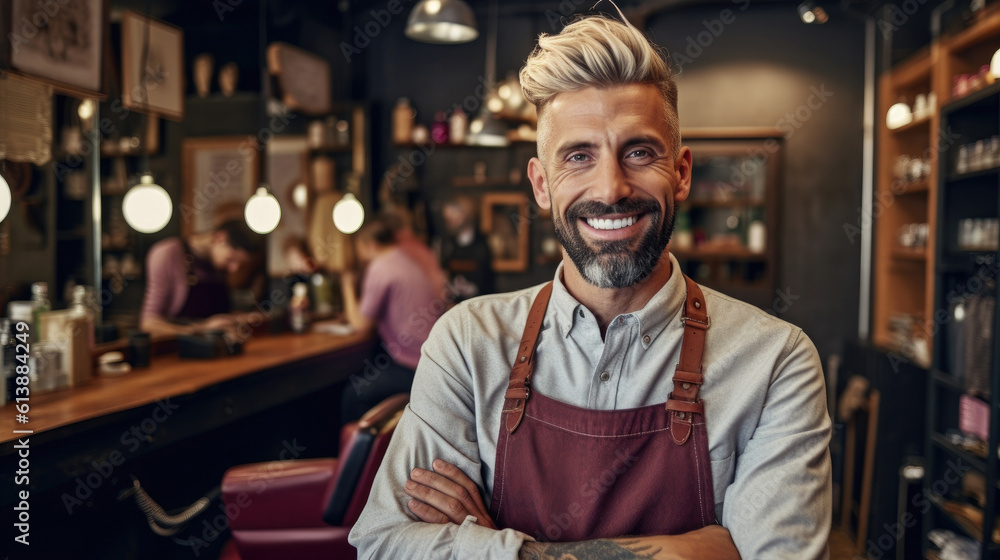 A friendly stylish barber man with a warm smile radiates charm and ...