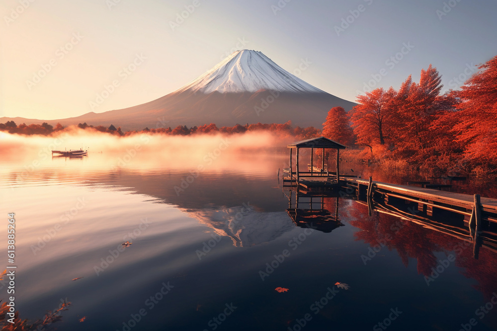 Colorful Autumn Season and Mountain Fuji with morning fog and red ...