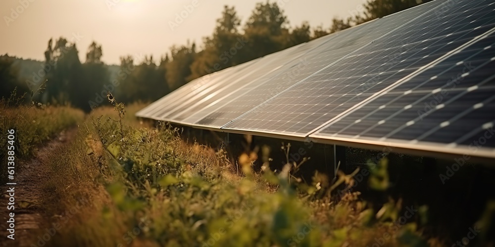 AI Generated. AI Generative. Solar panel and nature field outdoor. Eco ...