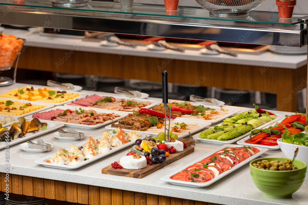 hotel breakfast buffet with many different types of food Stock Photo ...