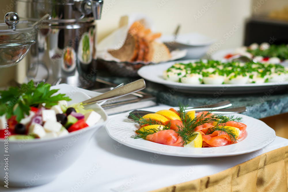 hotel breakfast buffet with many different types of food Stock Photo ...
