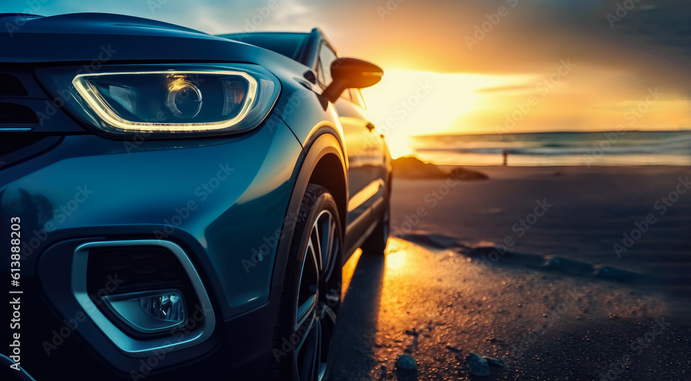 Compact SUV car and modern design on concrete road at the sea of beautiful sunset background ...