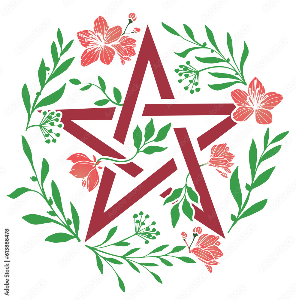 Red pentagram with pattern, decorated with blooming flower with leaves ...