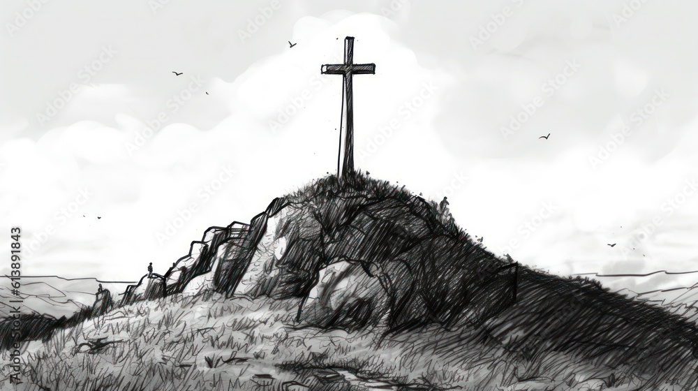 Handsketch drawing of cross on top of hill Stock Illustration | Adobe Stock