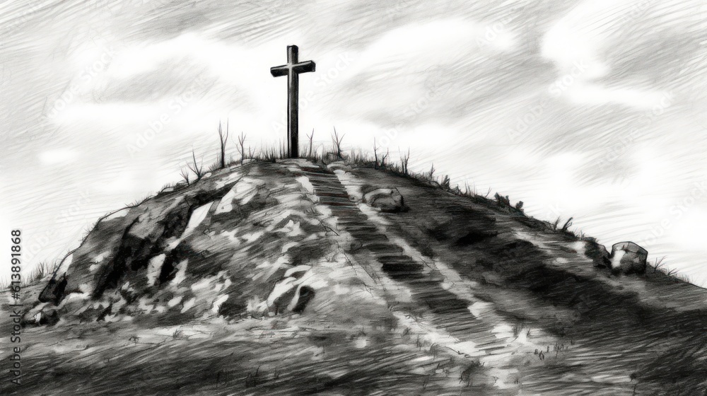 Handsketch drawing of cross on top of hill Stock Illustration | Adobe Stock