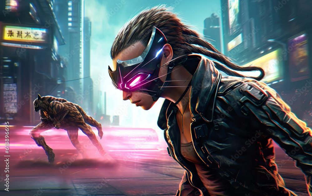 Futuristic female cyborg equipped with neon cybernetics and virtual ...