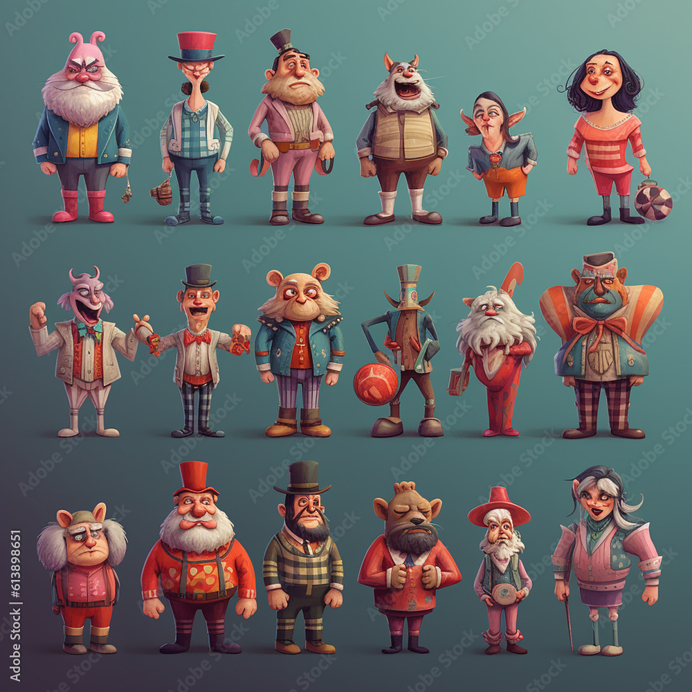 Generative AI: three rows of circus characters Stock Illustration ...