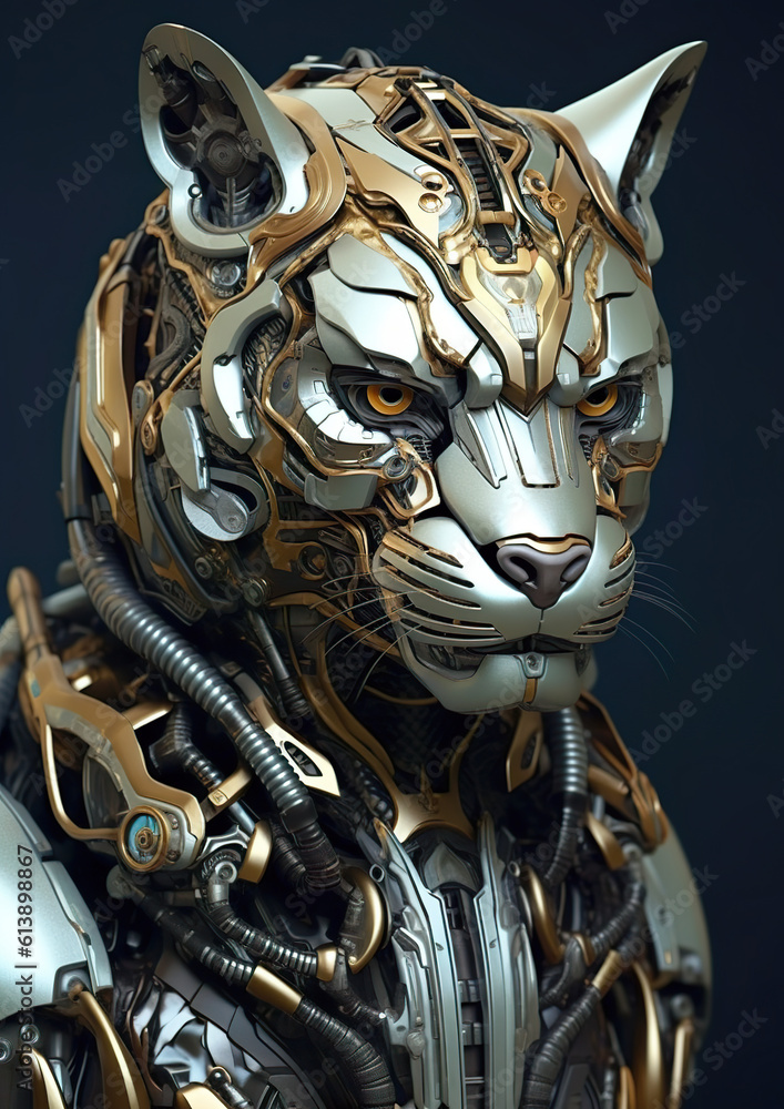 Futuristic big cat robot equipped with neon cybernetics. Biotech animal ...