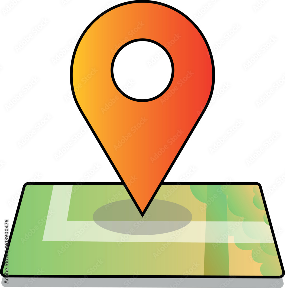 Geolocation label. Orange tag above a green map. Black outline and gray ...