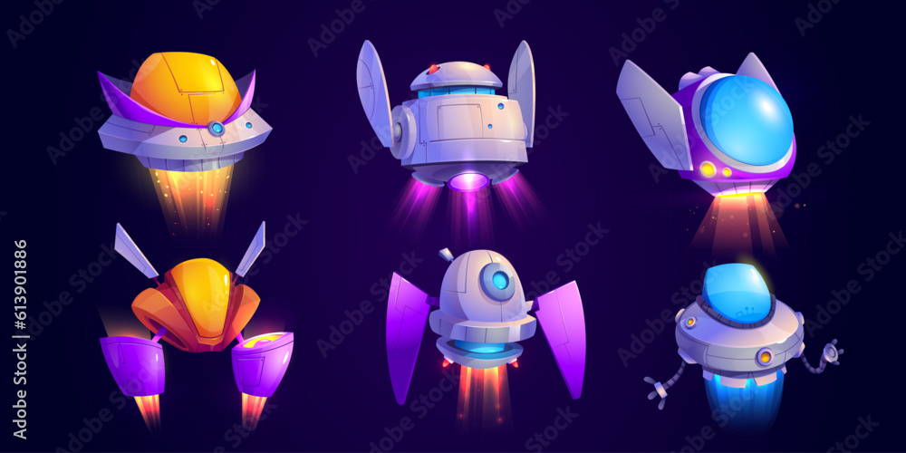 Alien spaceship cartoon game vector icon set. Ufo shuttle cute fantasy ...