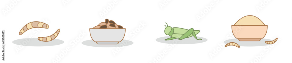 Edible insect modern cartoon icon set, roasted mealworms concept ...