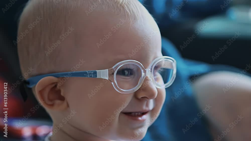 Happy smiling one year old baby with glasses is watching TV. White ...
